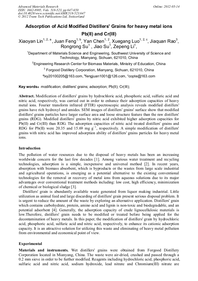 Adsorption of Acid Modified Distillers' Grains for Heavy Metal Ions Pb ...