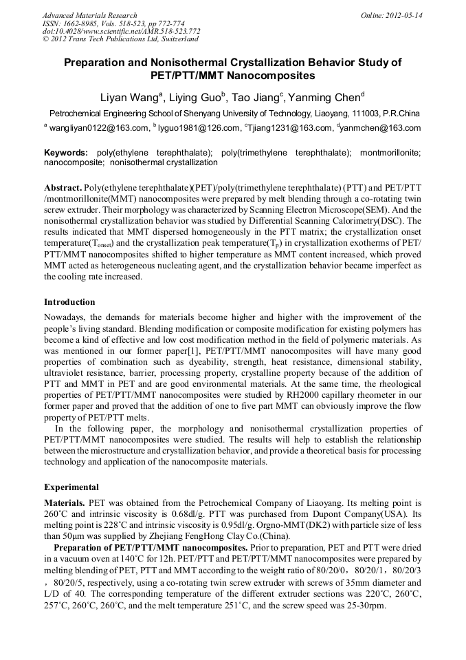 Preparation and Nonisothermal Crystallization Behavior Study of PET/PTT ...