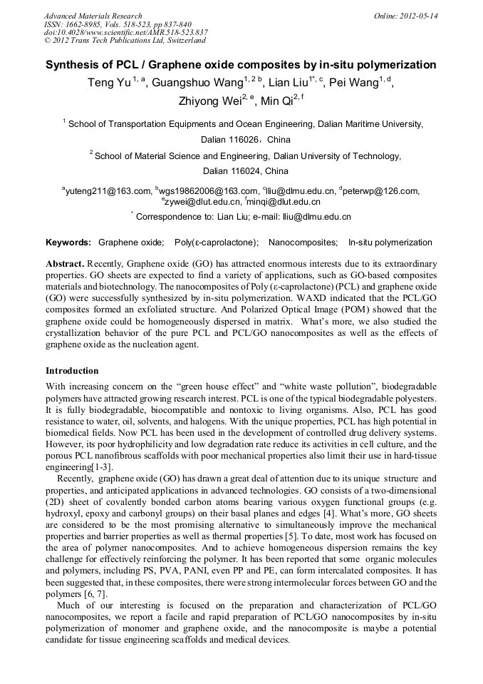 Synthesis of PCL / Graphene Oxide Composites by In Situ Polymerization ...
