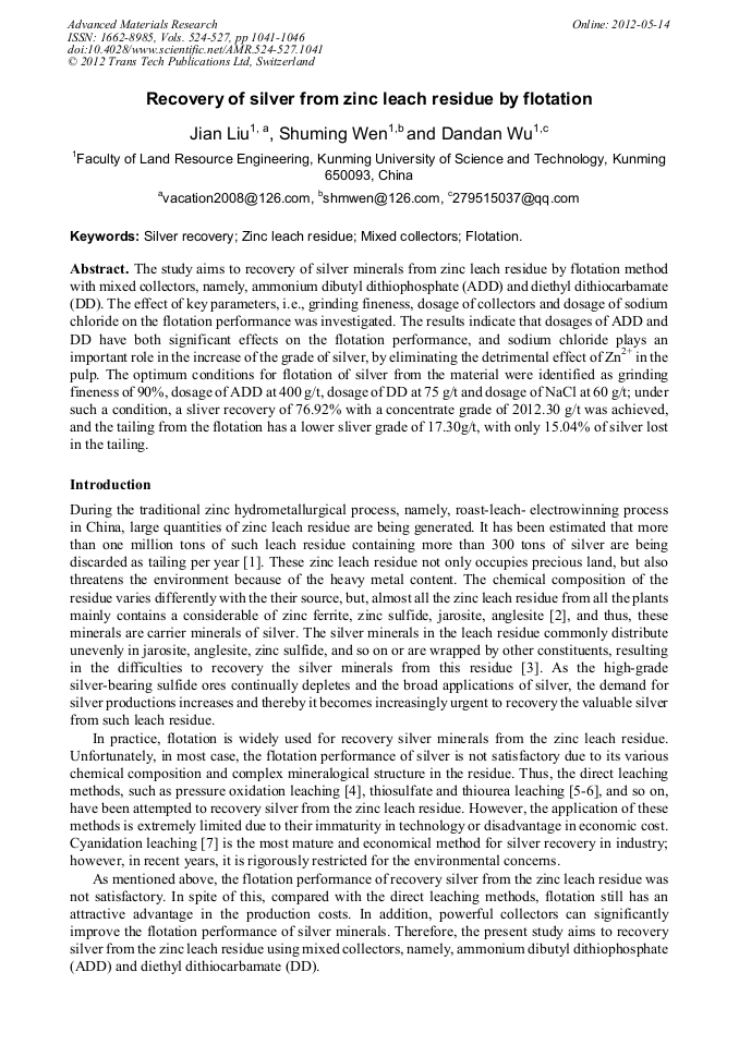 Recovery of Silver from Zinc Leach Residue by Flotation | Scientific.Net