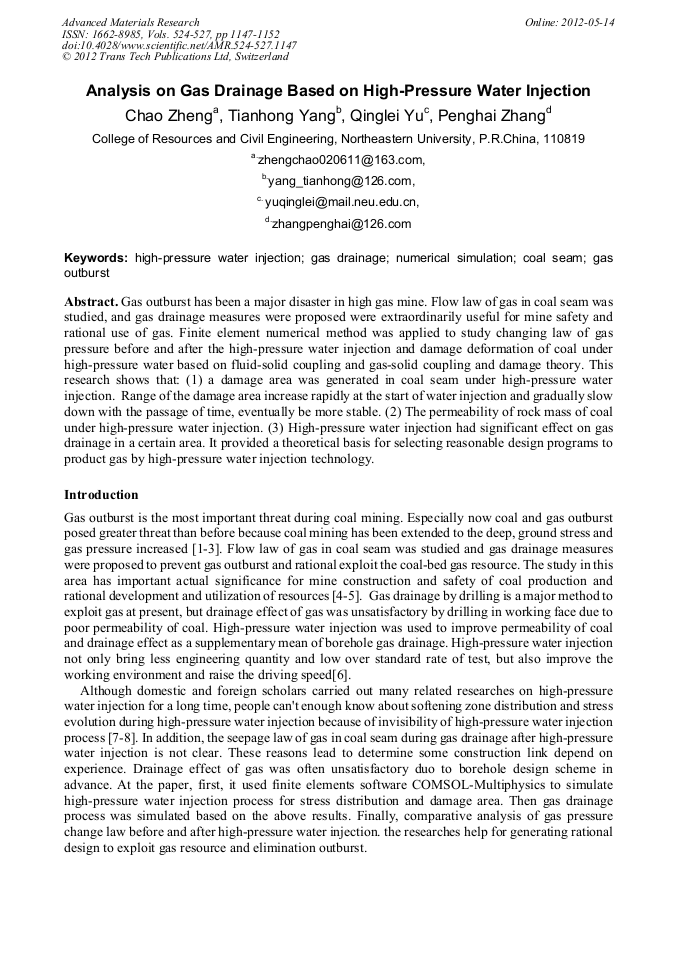 Analysis on Gas Drainage Based on High-Pressure Water Injection ...