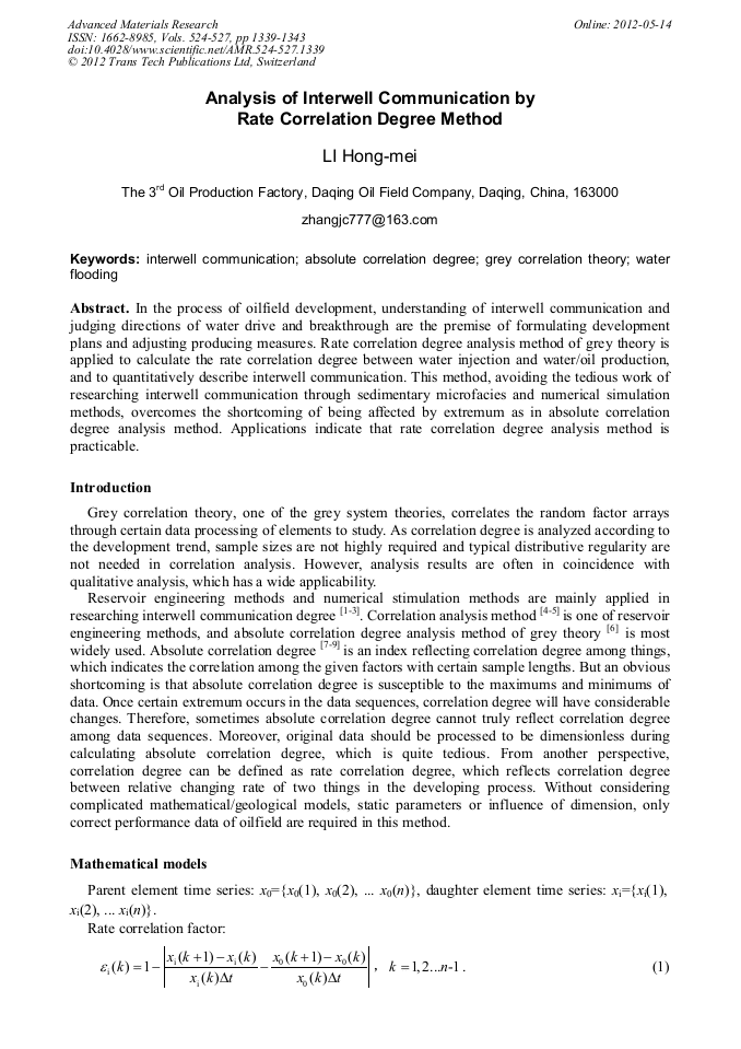 Analysis of Interwell Communication by Rate Correlation Degree Method | Scientific.Net