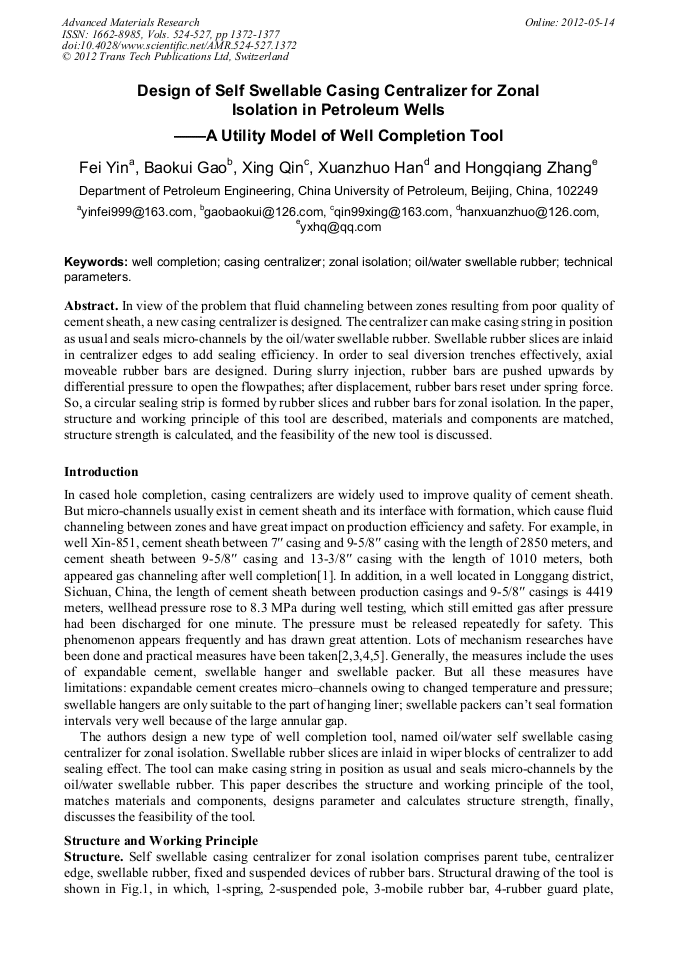Design of Self Swellable Casing Centralizer for Zonal Isolation in ...