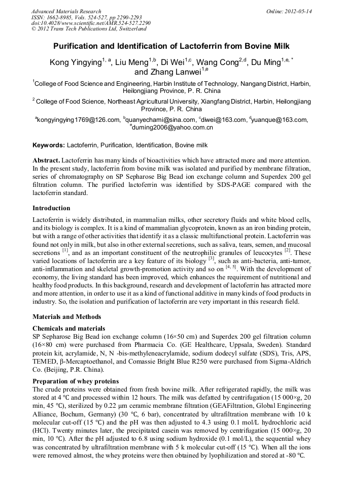 Purification and Identification of Lactoferrin from Bovine Milk ...