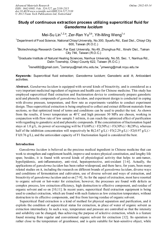 Study of Continuous Extraction Process Utilizing Supercritical Fluid ...