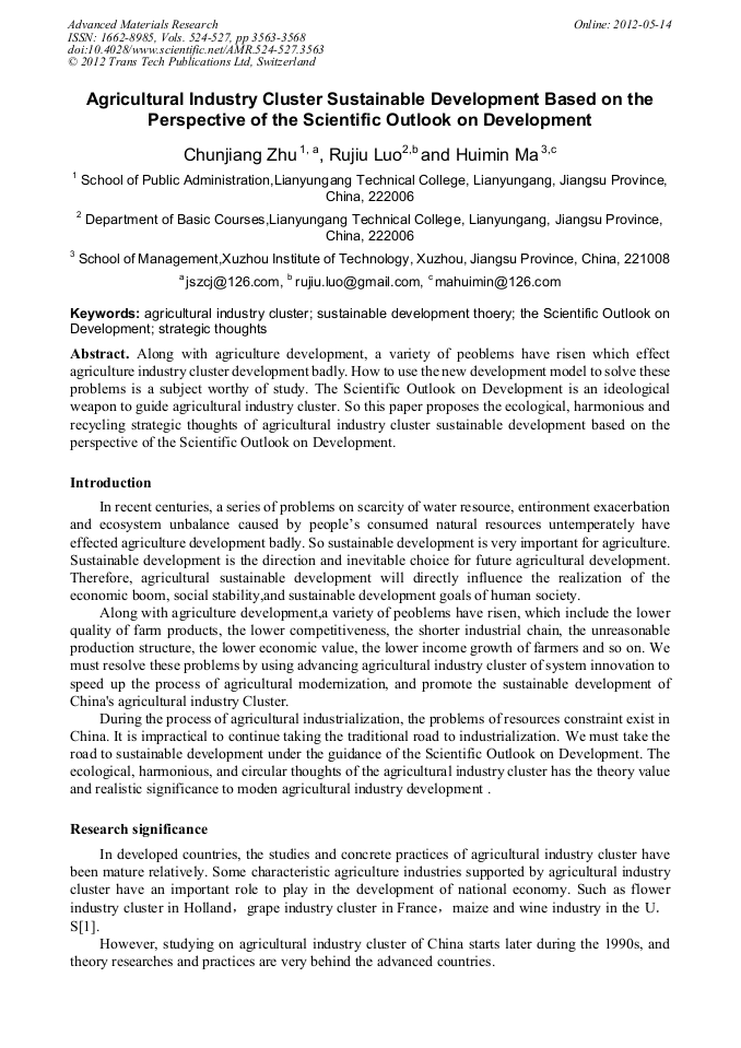 Agricultural Industry Cluster Sustainable Development Based on the ...