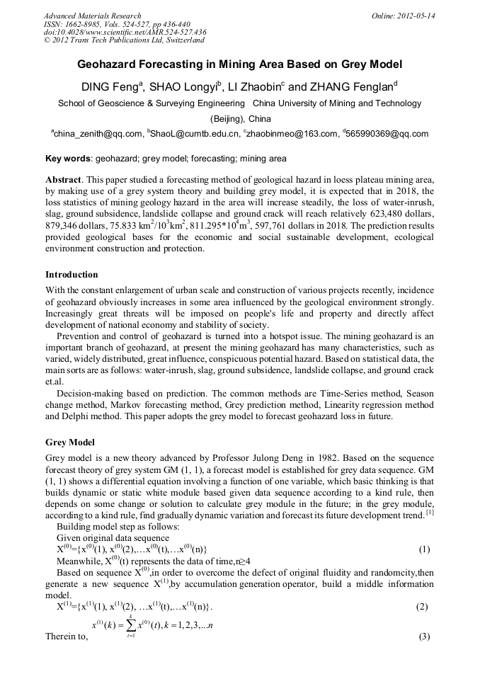 Geohazard Forecasting in Mining Area Based on Grey Model | Scientific.Net