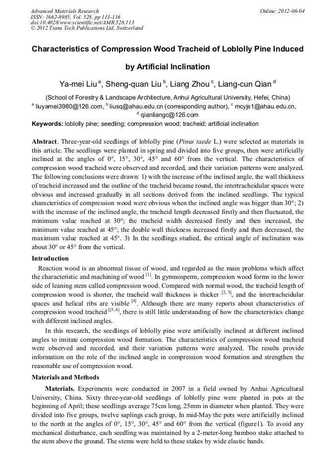 Characteristics of Compression Wood Tracheid of Loblolly Pine Induced ...