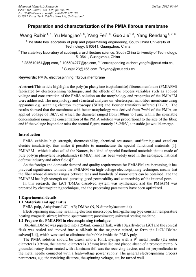 Preparation and Characterization of the PMIA Fibrous Membrane ...