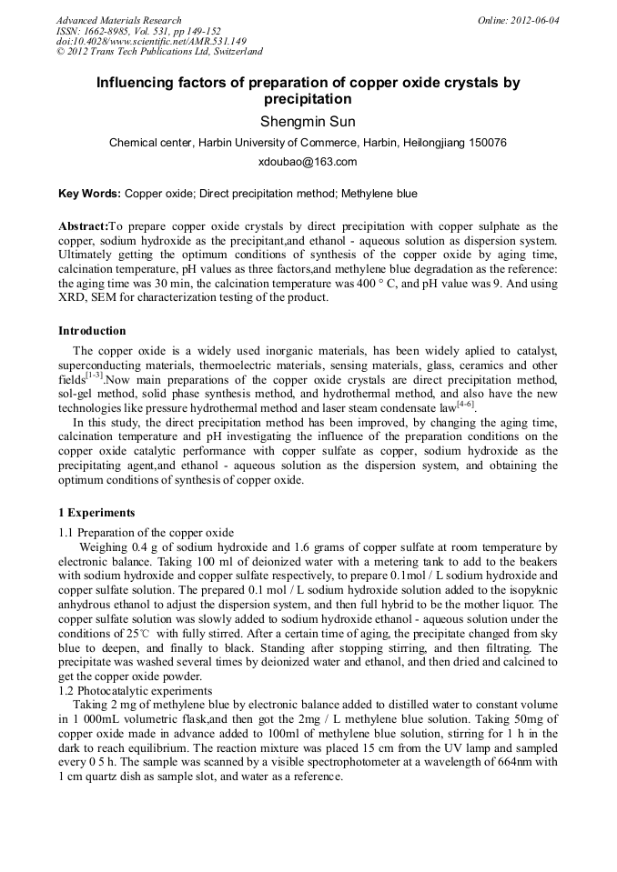 Influencing Factors of Preparation of Copper Oxide Crystals by ...