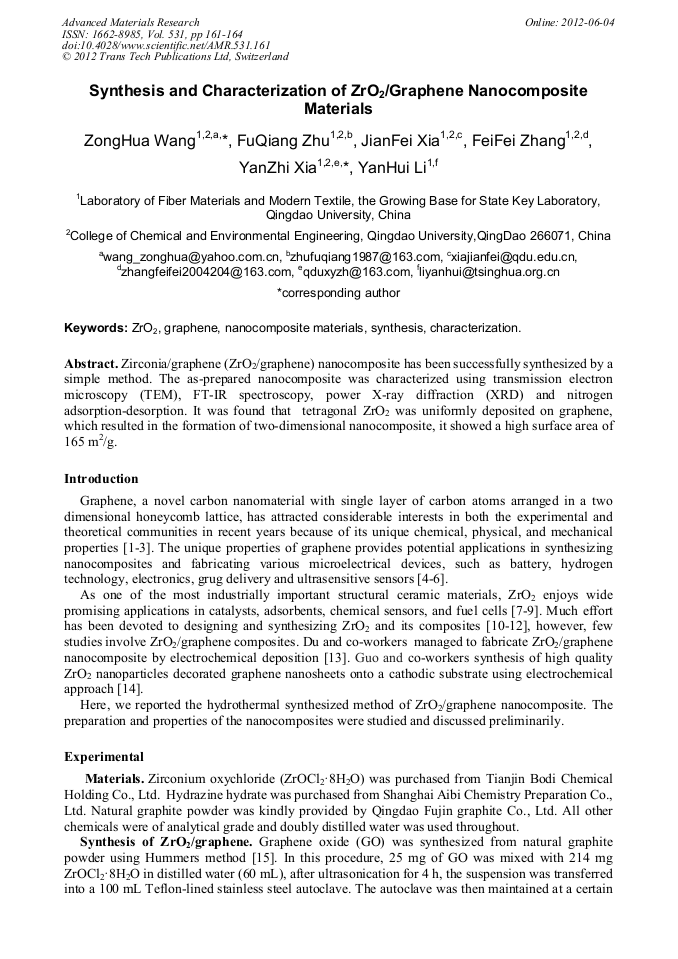 Synthesis and Characterization of ZrO2/Graphene Nanocomposite Materials ...