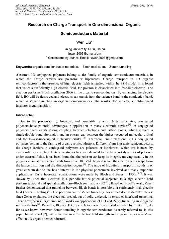 Research on Charge Transport in One-Dimensional Organic Semiconductors ...