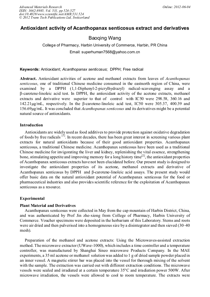 Antioxidant Activity of Acanthopanax senticosus Extract and Derivatives ...