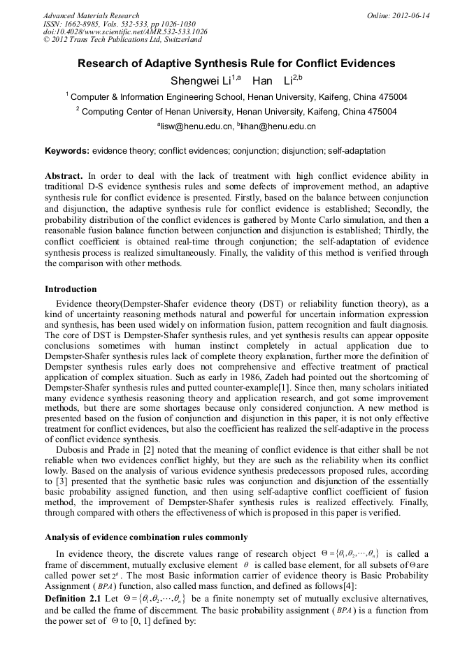 Research of Adaptive Synthesis Rule for Conflict Evidences | Scientific.Net
