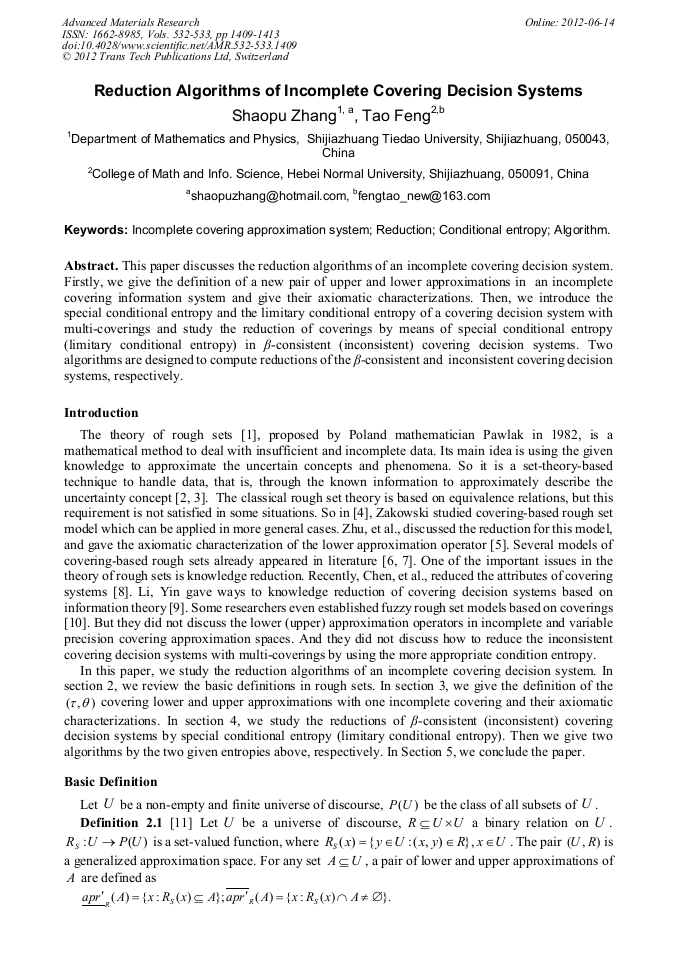Reduction Algorithms of Incomplete Covering Decision Systems | Scientific.Net