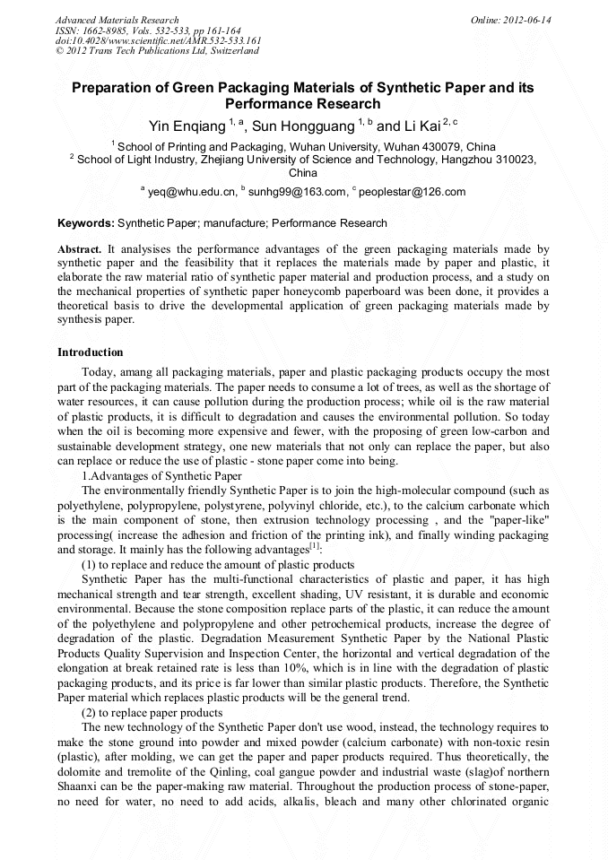 Preparation of Green Packaging Materials of Synthetic Paper and its ...