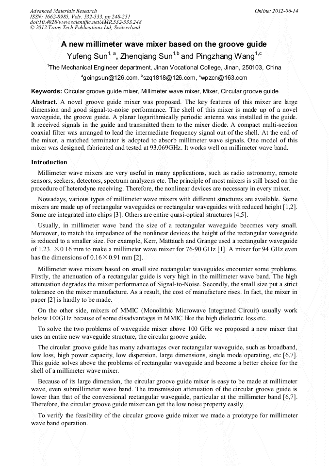 A New Millimeter Wave Mixer Based on the Groove Guide | Scientific.Net