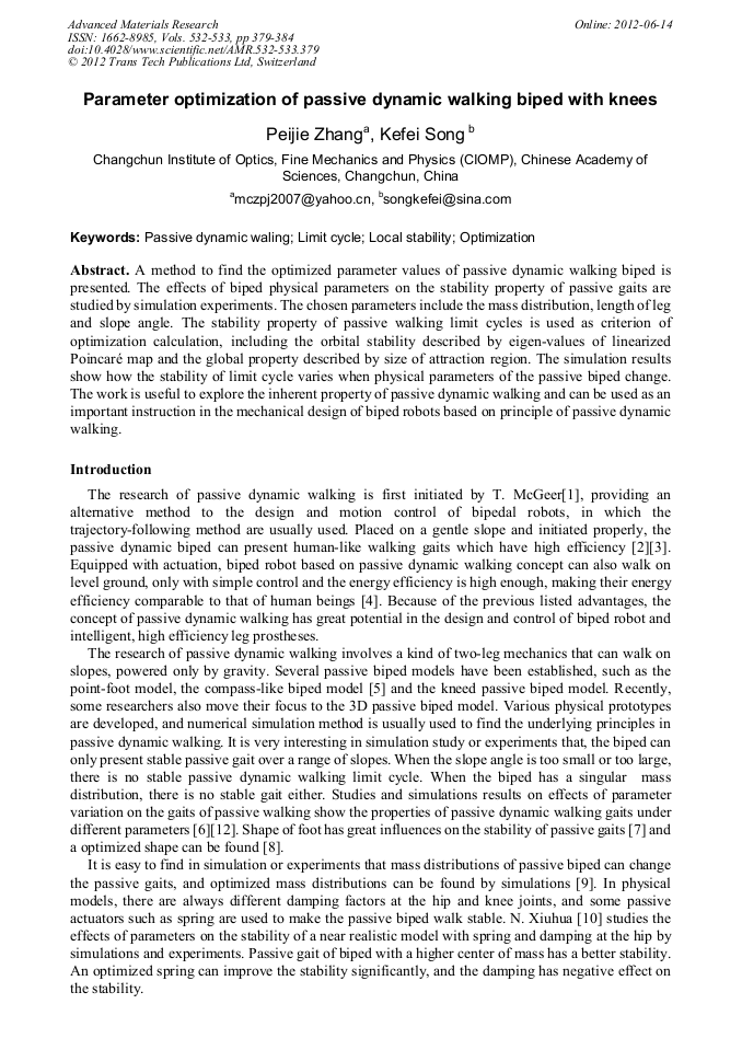 Parameter Optimization of Passive Dynamic Walking Biped with Knees ...