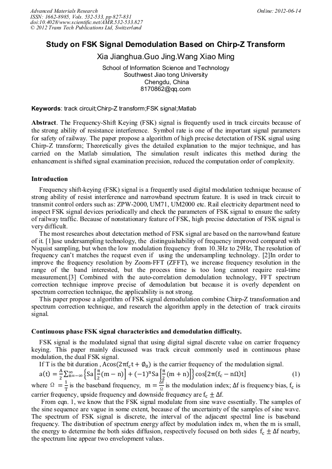 Study on FSK Signal Demodulation Based on Chirp-Z Transform ...