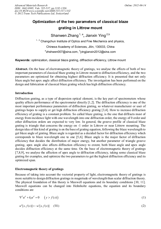 Optimization of the Two Parameters of Classical Blaze Grating in ...
