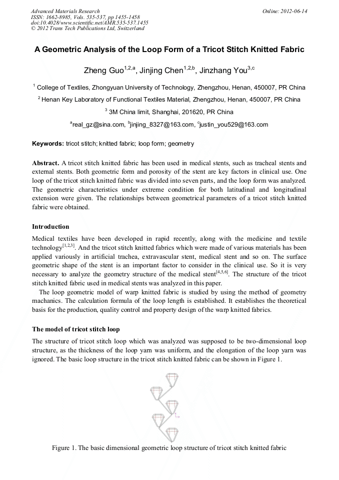 A Geometric Analysis of the Loop Form of a Tricot Stitch Knitted Fabric ...