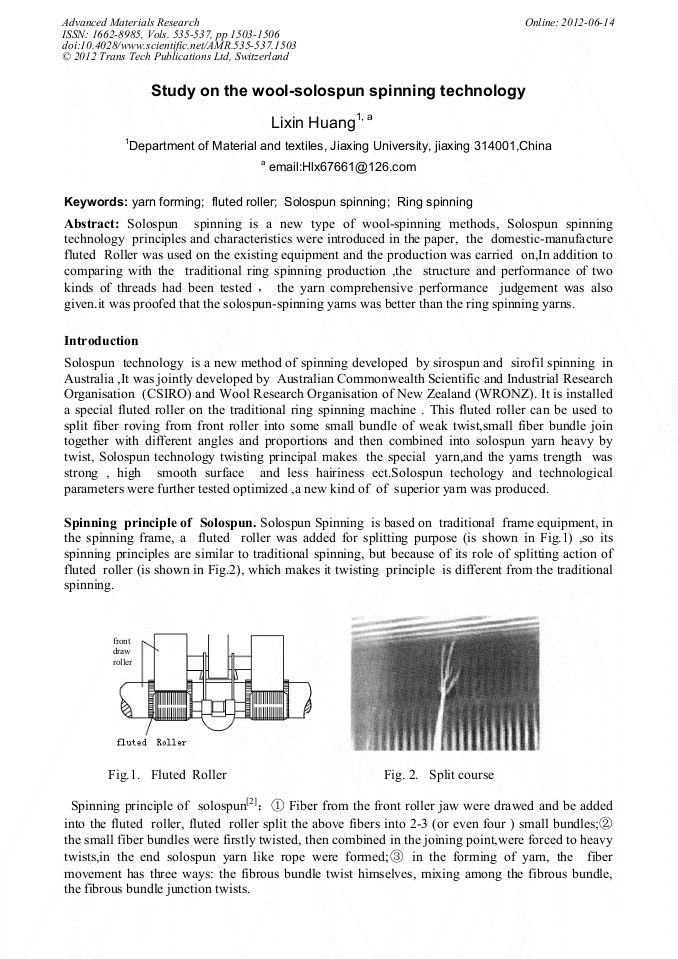 Study on the Wool-Solospun Spinning Technology | Scientific.Net