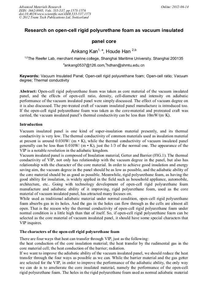 Research on Open-Cell Rigid Polyurethane Foam as Vacuum Insulated Panel ...