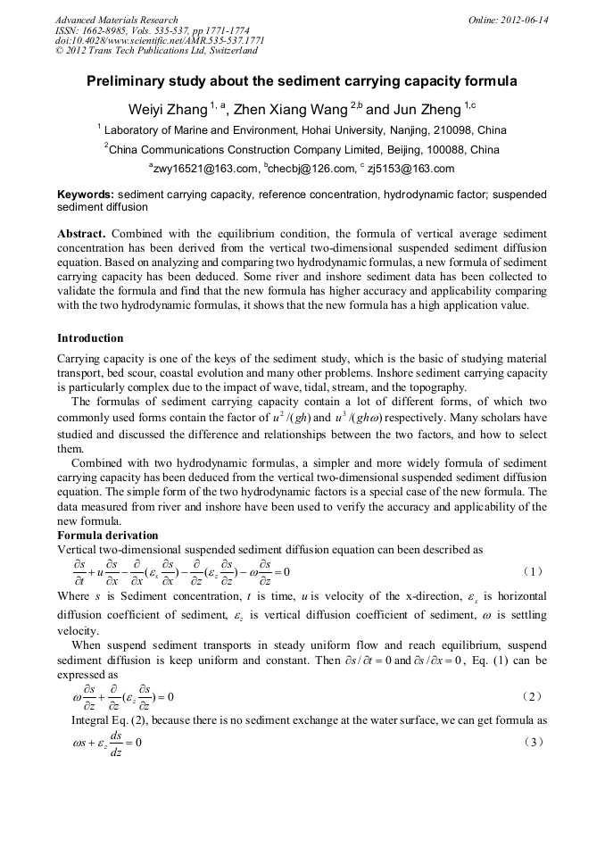 Preliminary Study about the Sediment Carrying Capacity Formula ...