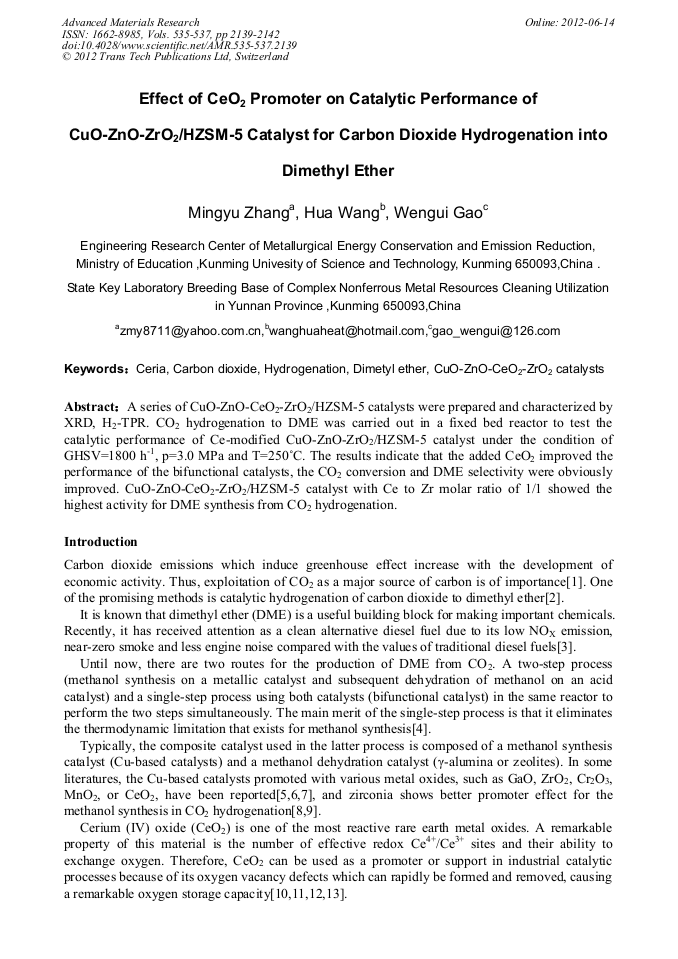 Effect of CeO2 Promoter on Catalytic Performance of CuO-ZnO-ZrO2/HZSM-5 ...