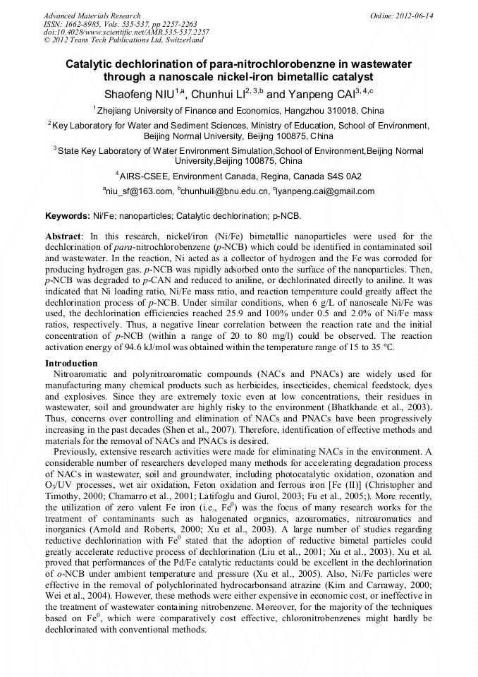Catalytic Dechlorination of Para-Nitrochlorobenzne in Wastewater ...