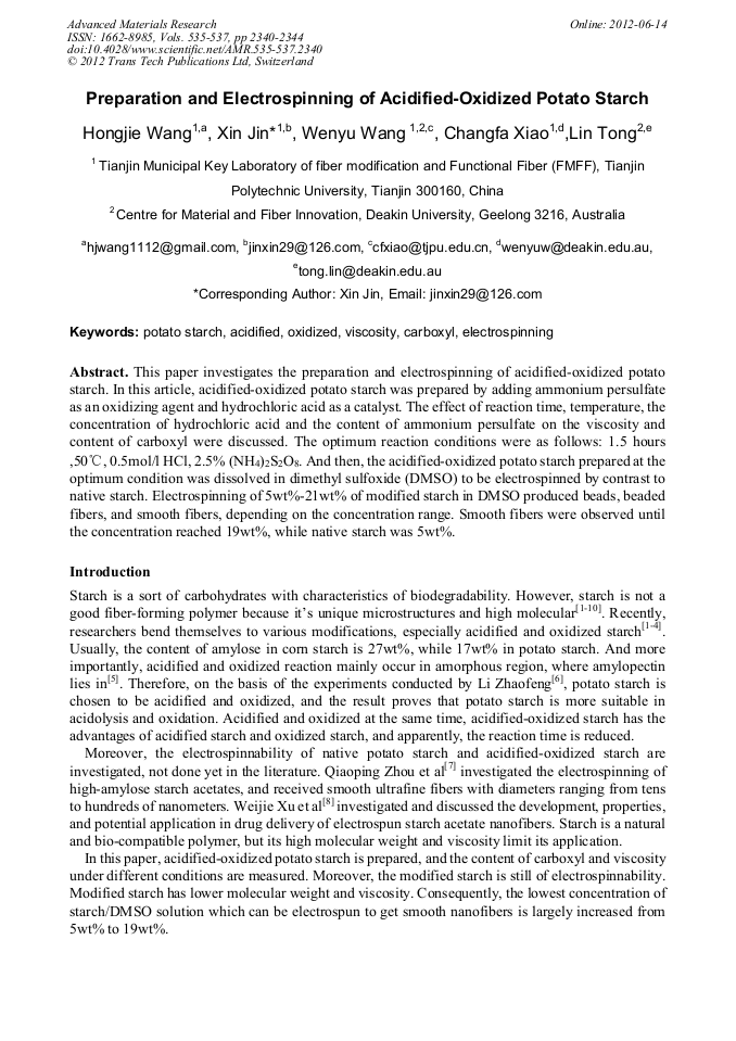 Preparation and Electrospinning of Acidified-Oxidized Potato Starch ...