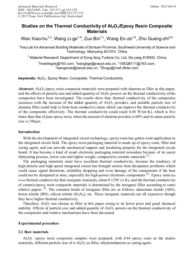 Studies on the Thermal Conductivity of Al2O3/Epoxy Resin Composite ...