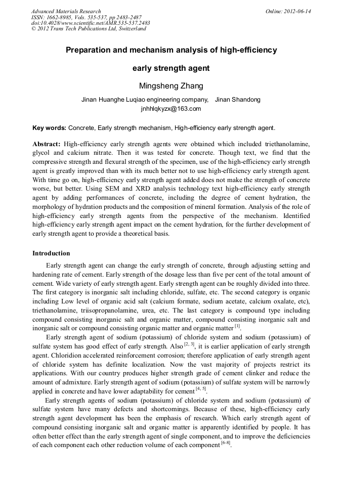 Preparation and Mechanism Analysis of High-Efficiency early Strength ...