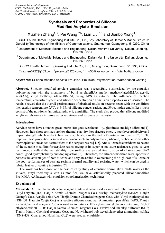 Synthesis and Properties of Silicone Modified Acrylate Emulsion ...