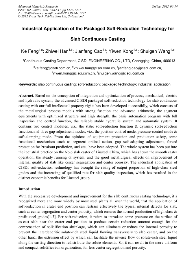 Industrial Application of the Packaged Soft-Reduction Technology for ...