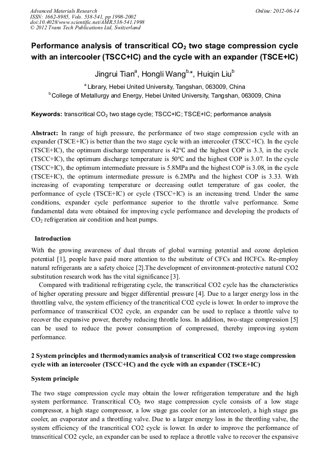 Performance Analysis of Transcritical CO2 Two Stage Compression Cycle ...
