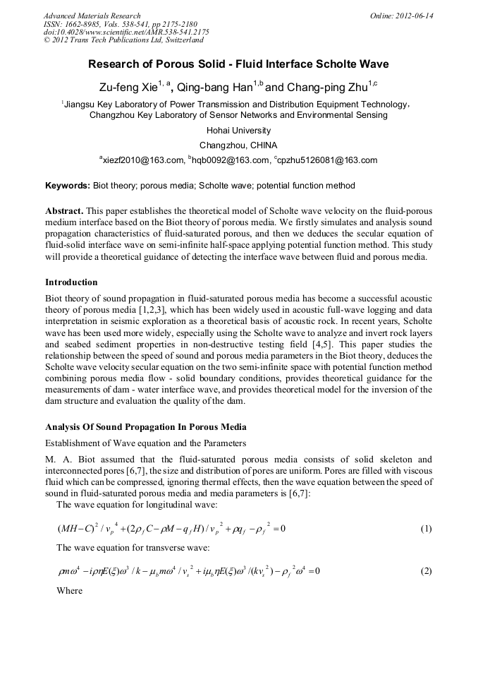 Research of Porous Solid - Fluid Interface Scholte Wave | Scientific.Net