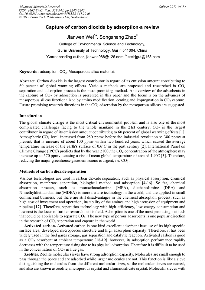 Capture of Carbon Dioxide by Adsorption- A Review | Scientific.Net