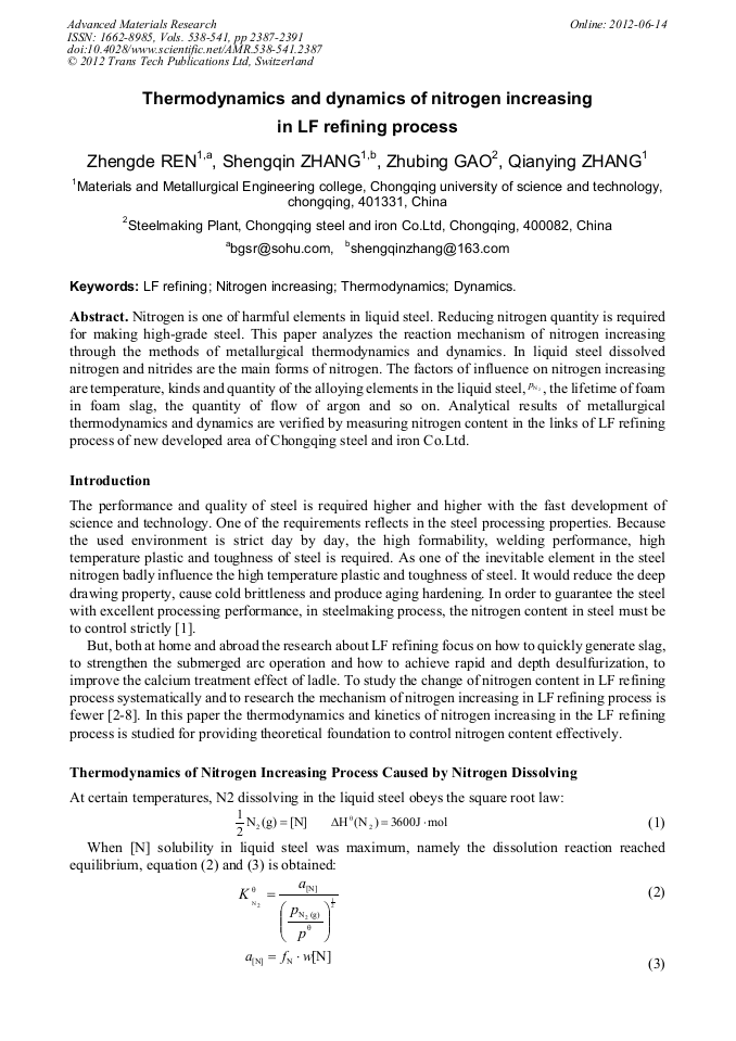 Thermodynamics and Dynamics of Nitrogen Increasing in LF Refining ...