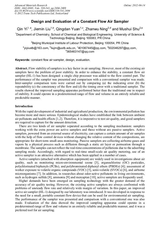 Design and Evaluation of a Constant Flow Air Sampler | Scientific.Net