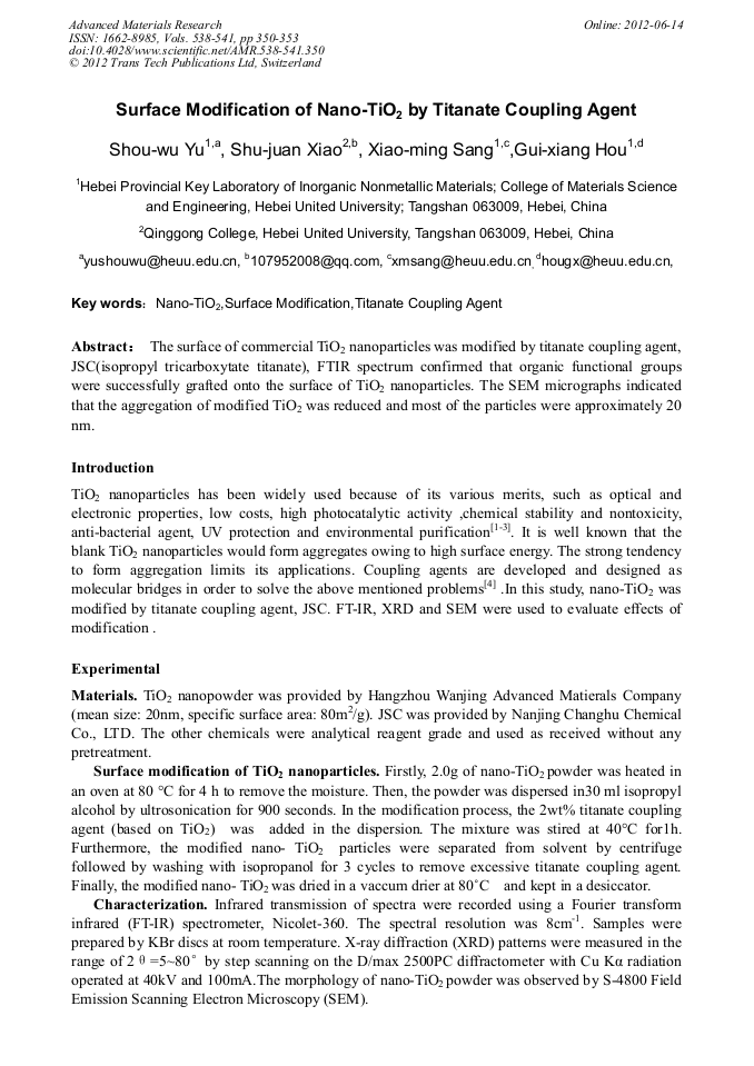 Surface Modification of Nano-TiO2 by Titanate Coupling Agent ...