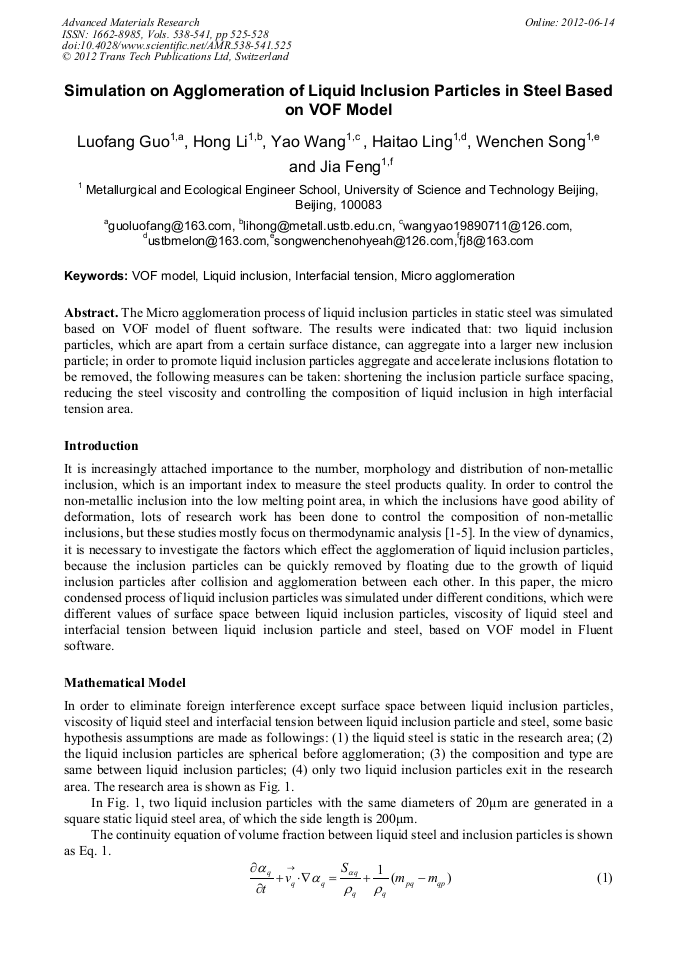 Simulation on Agglomeration of Liquid Inclusion Particles in Steel ...