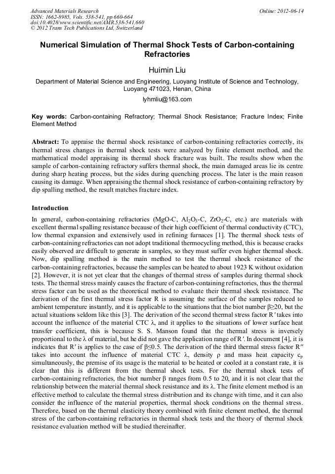 Numerical Simulation of Thermal Shock Tests of Carbon-Containing ...