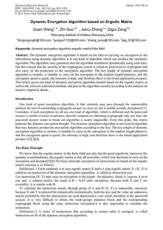 Dynamic Encryption Algorithm Based on Ergodic Matrix | Scientific.Net