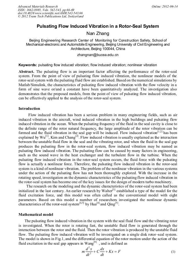 Pulsating Flow Induced Vibration in a Rotor-Seal System | Scientific.Net