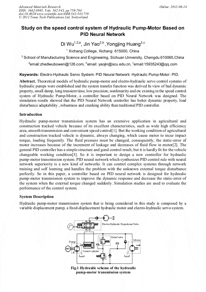 Study on the Speed Control System of Hydraulic Pump-Motor Based on PID ...