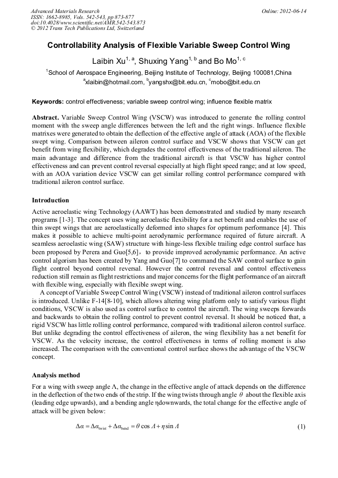 Controllability Analysis of Flexible Variable Sweep Control Wing ...