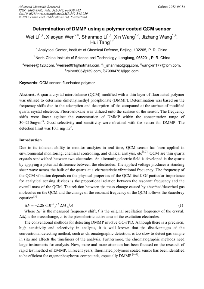 Determination of DMMP Using a Polymer Coated QCM Sensor | Scientific.Net