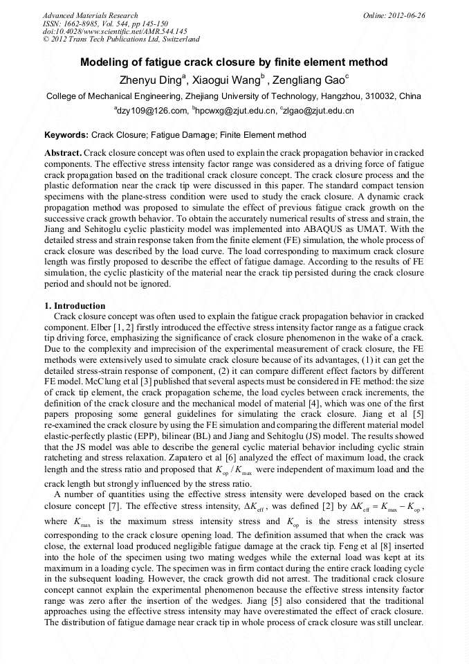 Modeling of Fatigue Crack Closure by Finite Element Method | Scientific.Net