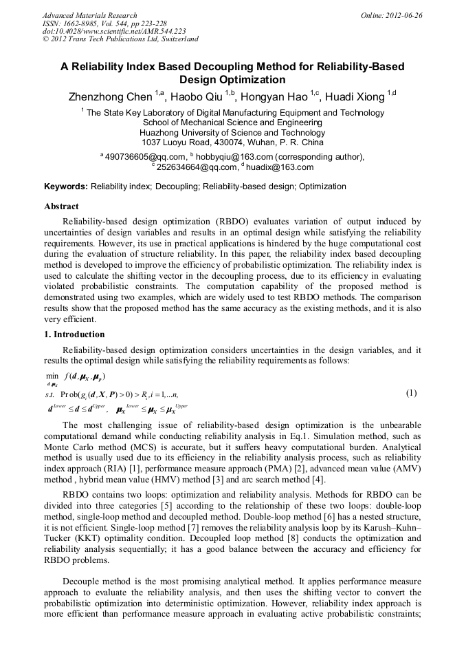 A Reliability Index Based Decoupling Method for Reliability-Based Design Optimization ...